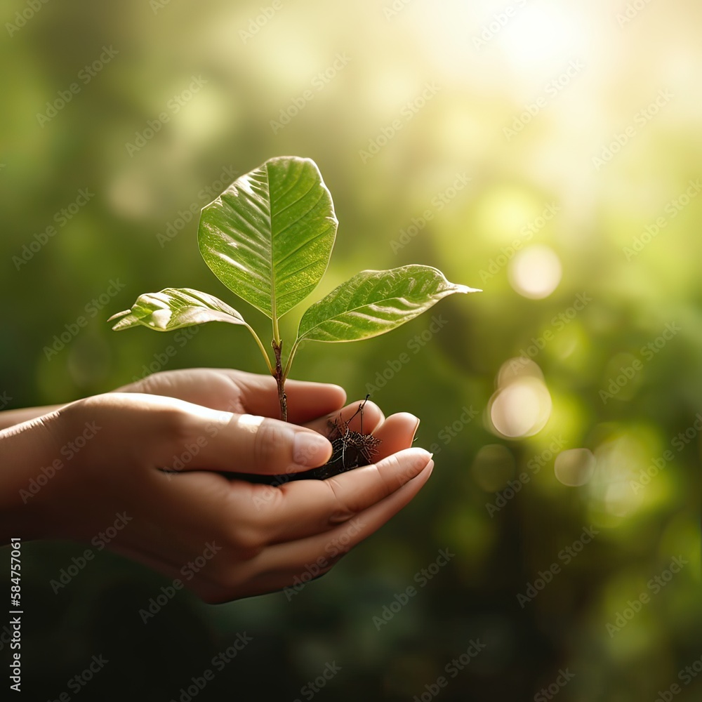 hand holding young plant with sunlight on green nature background ...