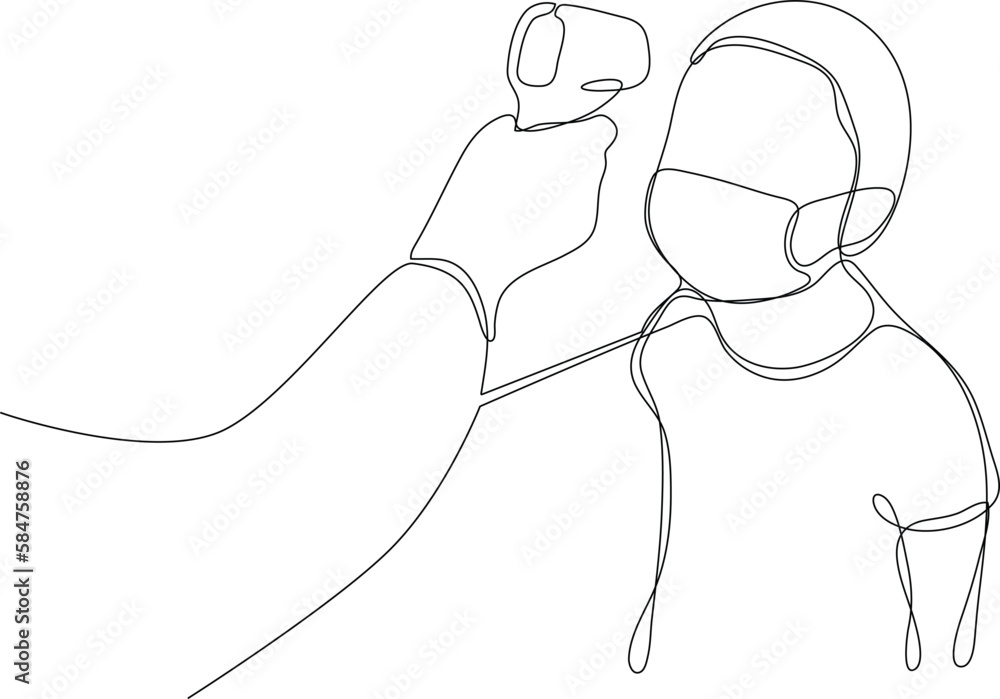 Continuous one-line drawing teacher checks the body temperature student ...