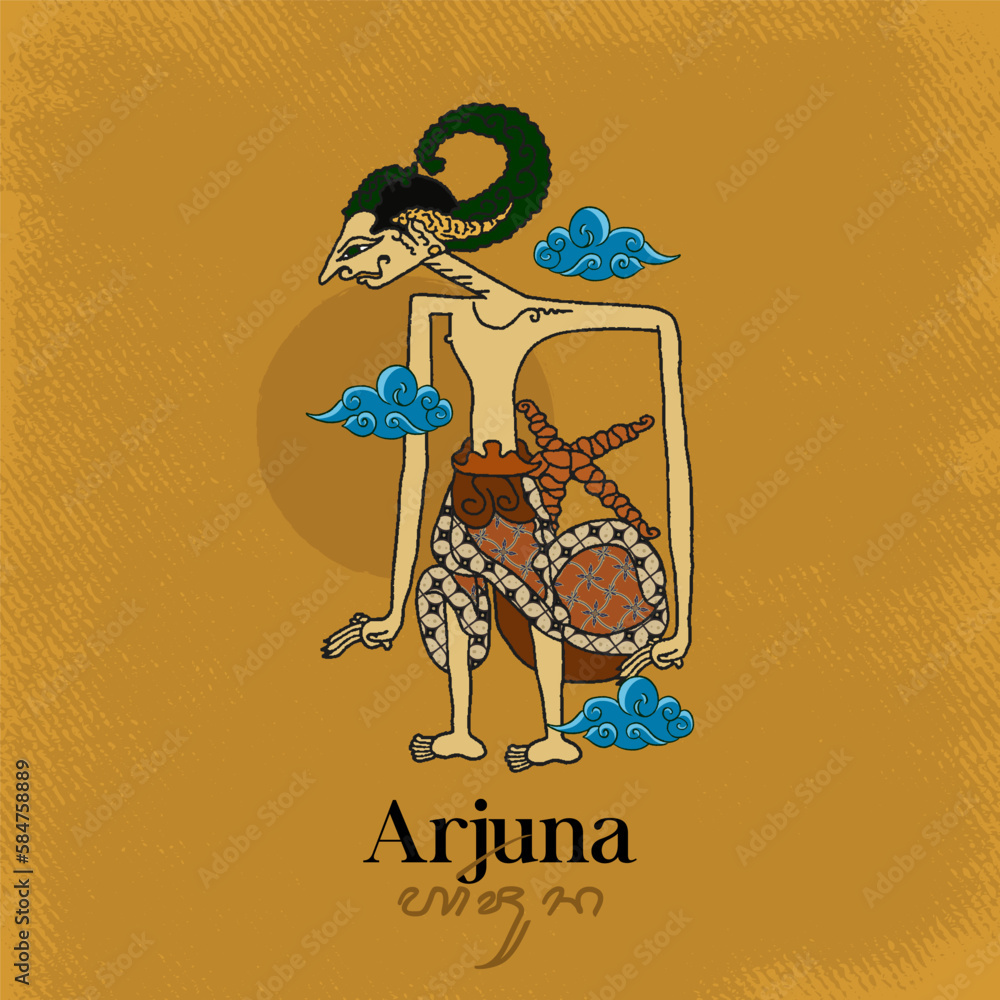 Arjuna Pandawa wayang illustration. Hand drawn Indonesian shadow puppet ...