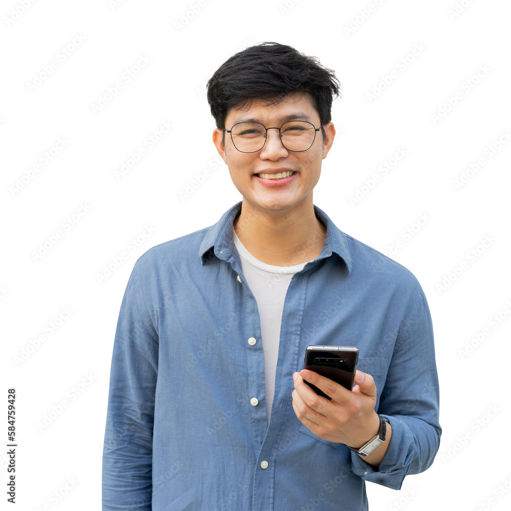 close up asian man hold mobile cell phone device and looking isolated ...
