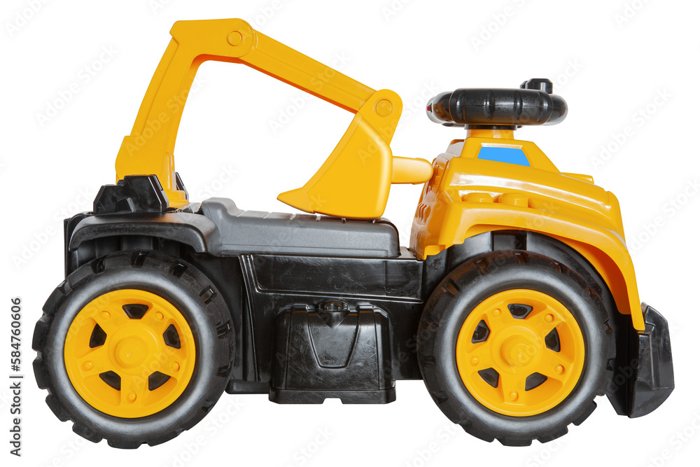 Plastic toy wheel excavator with four black wheels, a small blue window ...