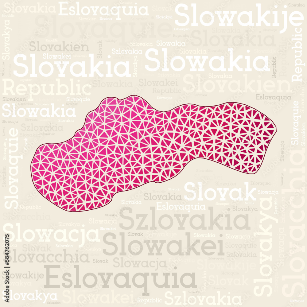 SLOVAKIA map design. Country names in different languages and map shape ...