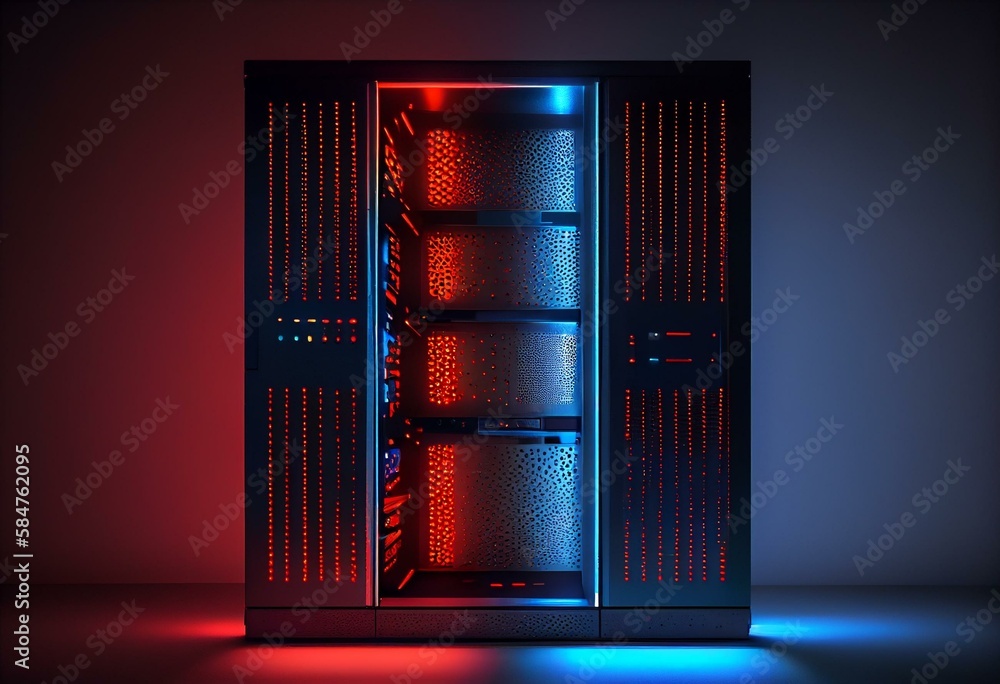 Server cupboard. Server rack is enclosed by a perforated server cabinet ...