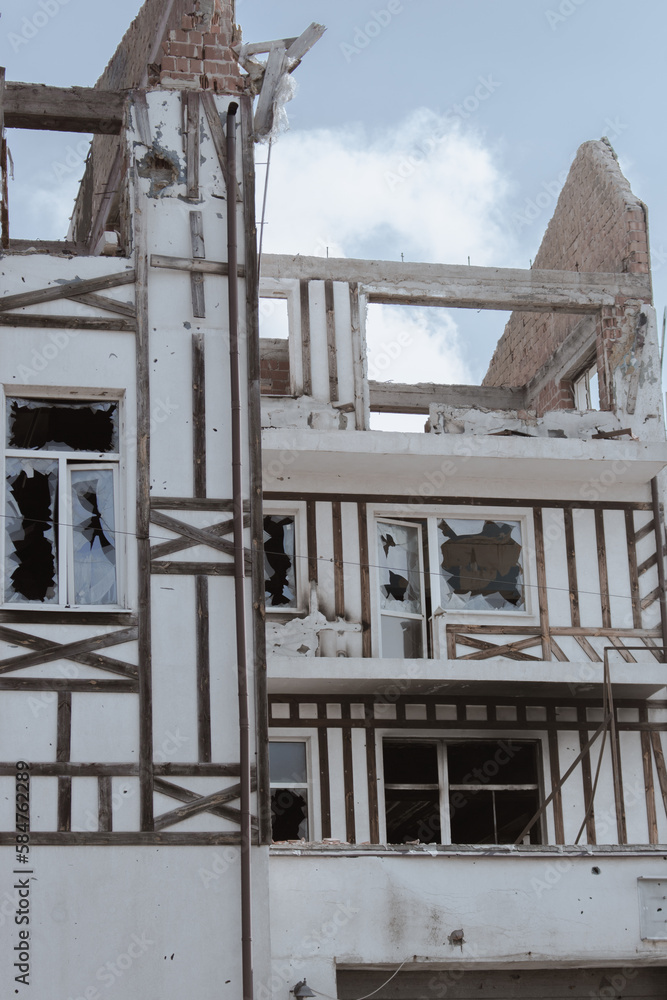 Destroyed building after russian invasion, Gostomel, Ukraine. Ruined ...