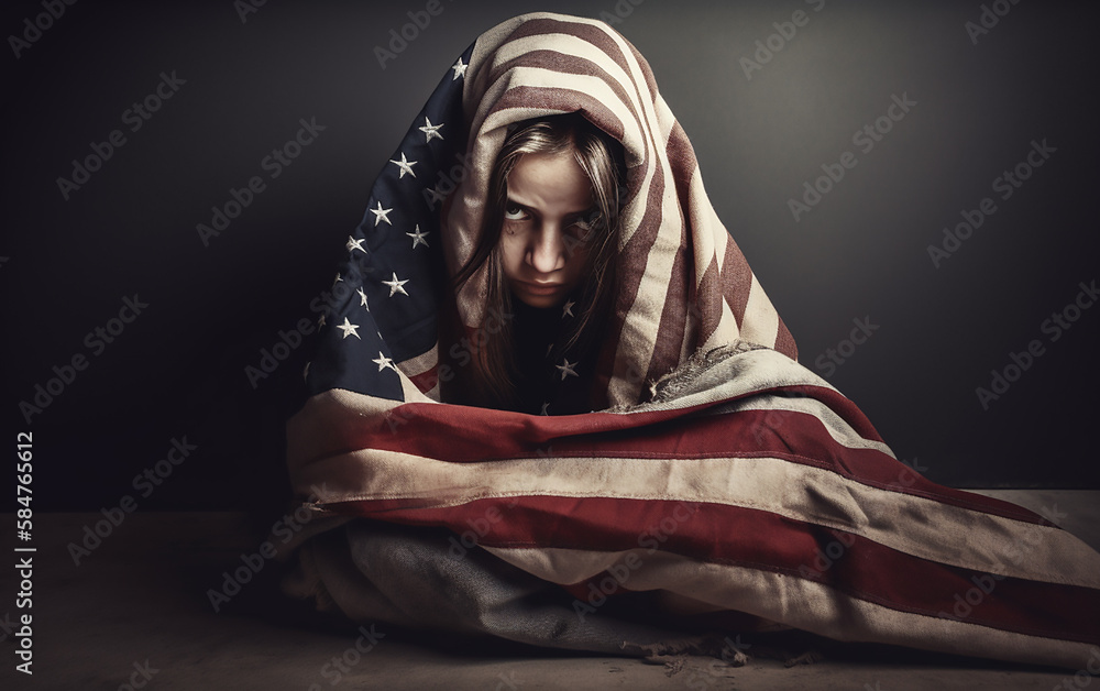 Refugee child, immigration problem concept. Solemn girl wrapped in the ...