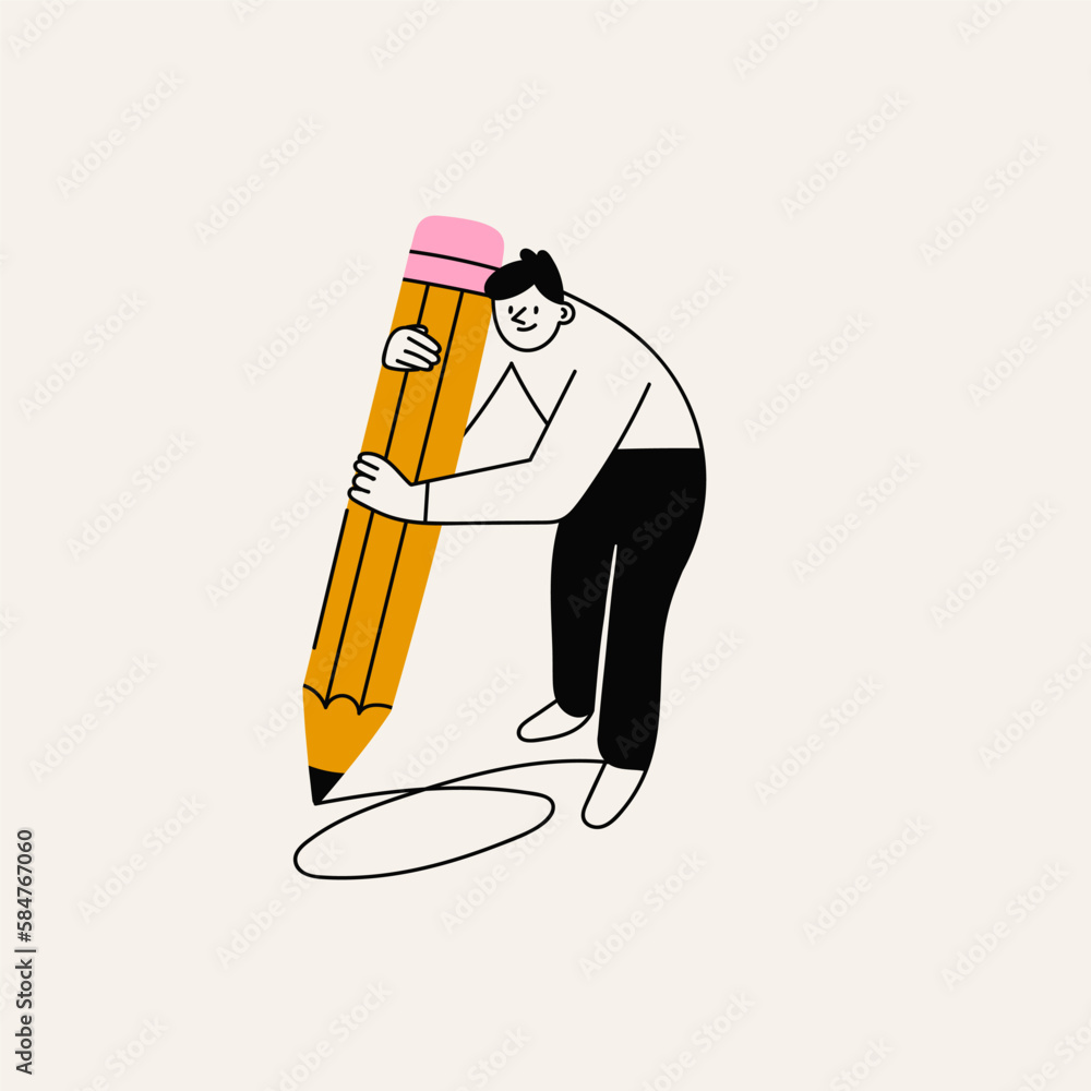 Man with a large Pencil. Young person holding big pencil. Cute funny ...