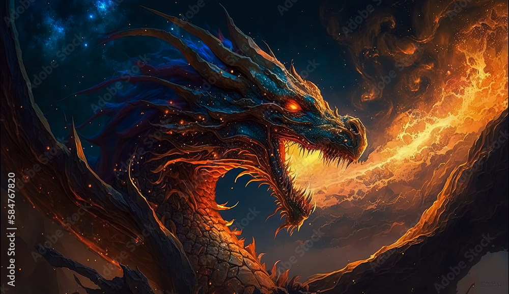 Fire breathes explode from a giant dragon in a black night, the epic ...