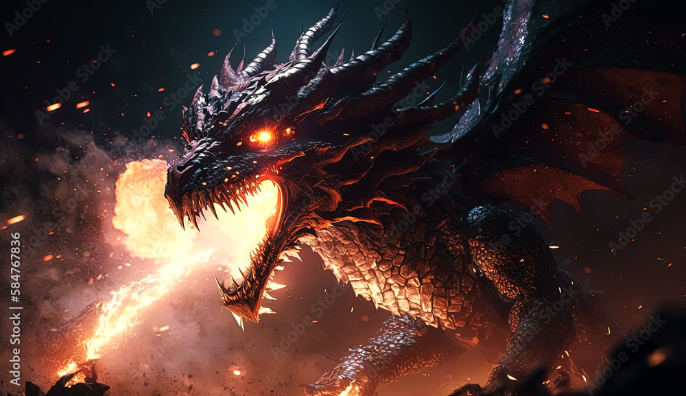 Fire breathes explode from a giant dragon in a black night, the epic ...