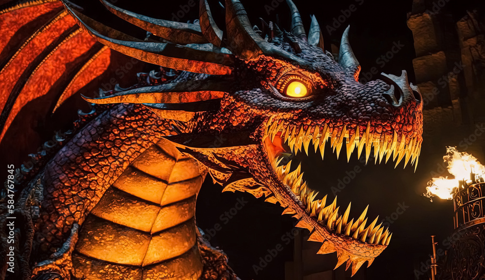 Fire breathes explode from a giant dragon in a black night, the epic ...
