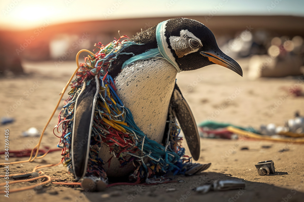 Generative AI illustration of poor penguin in net with various garbage ...