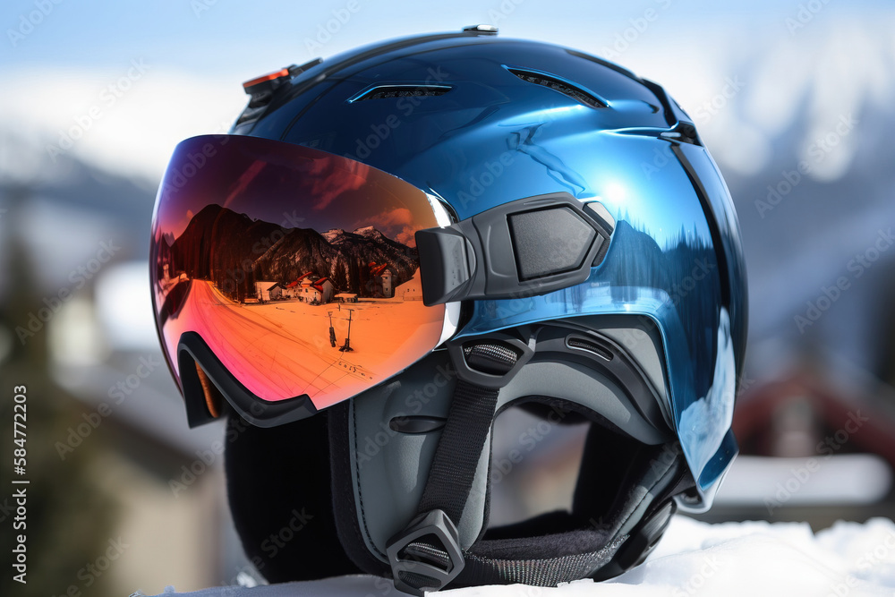 a helmet with a reflection of a mountain in the mirror of it's ...