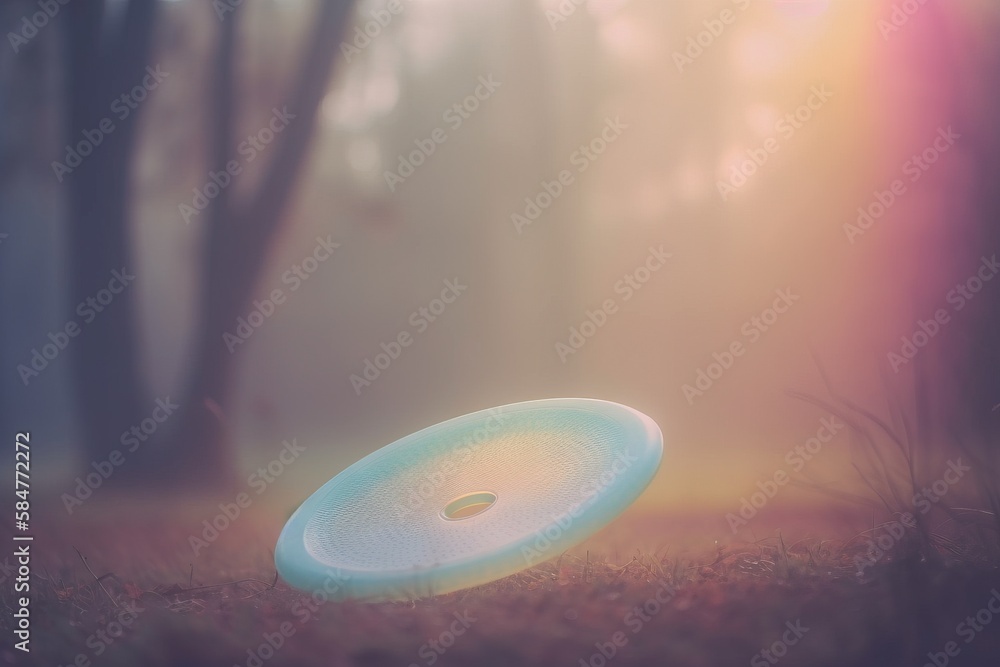 a white frisbee sitting on top of a grass covered field next to a ...