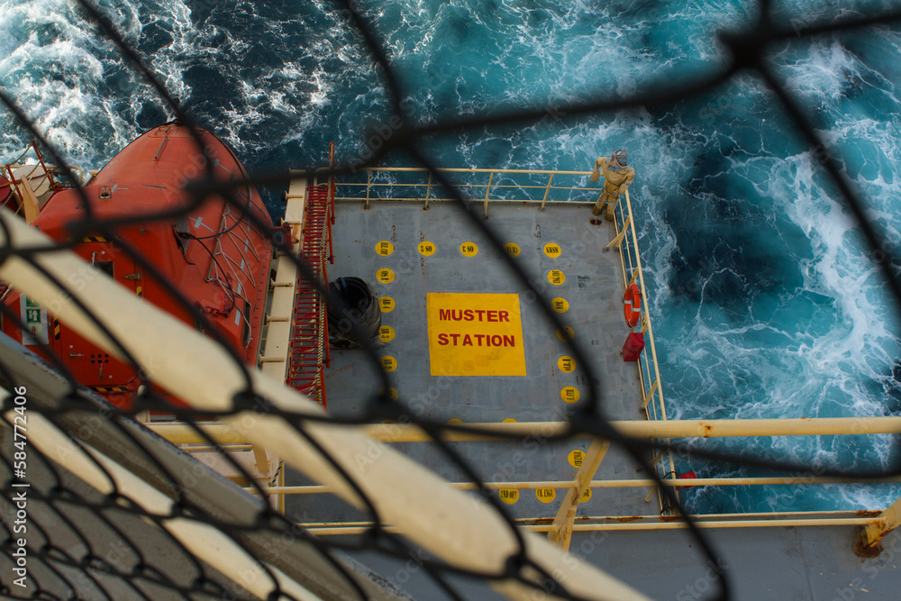 Muster station onboard a merchant ship at sea Stock Photo | Adobe Stock