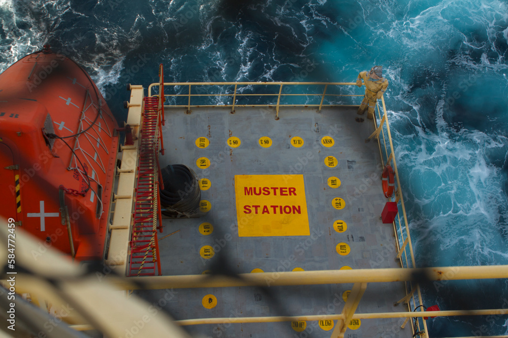 Muster station onboard a merchant ship at sea Stock Photo | Adobe Stock
