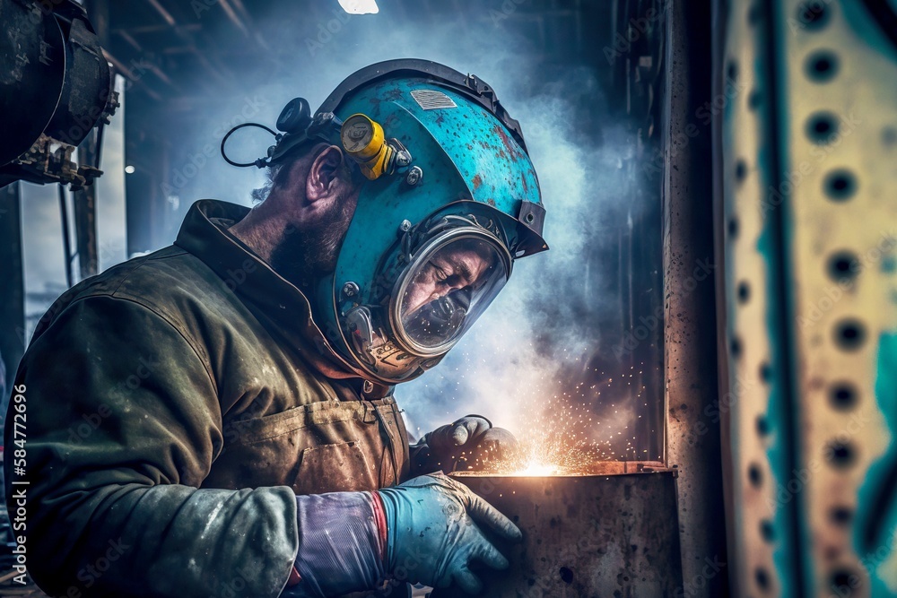 Master welder works with steel to repair hull of ship shipbuilding ...