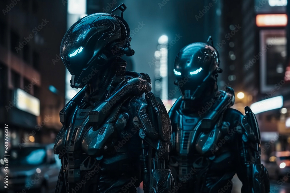 futuristic android security or police robots in a big rainy city ...