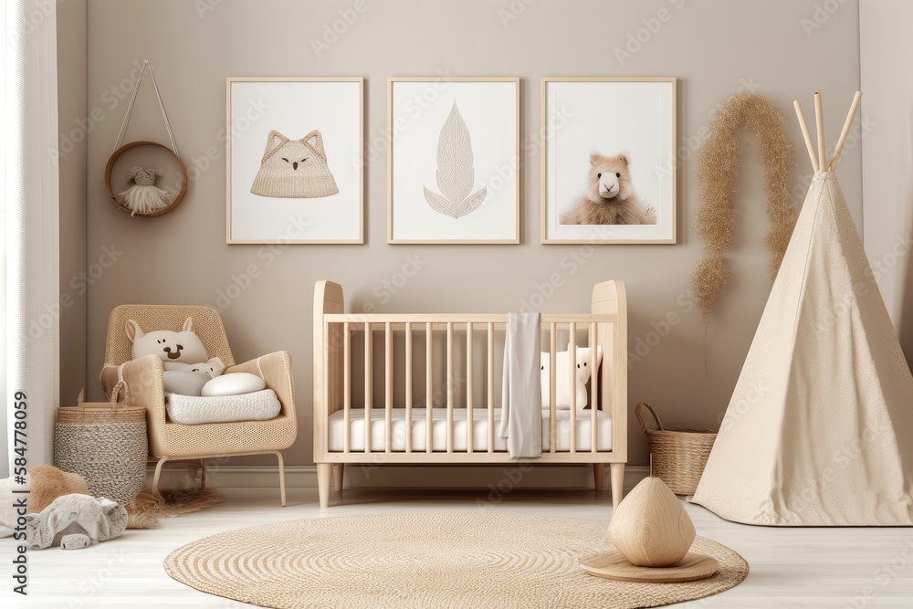 Nursery frame mockup with 3 frames in portrait orientation, front view ...