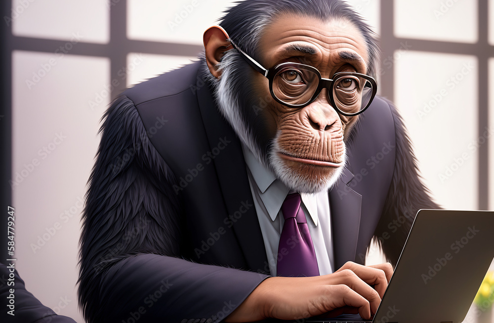 A antropomorhic chimpanzee ape in a suit and tie in role of a ...