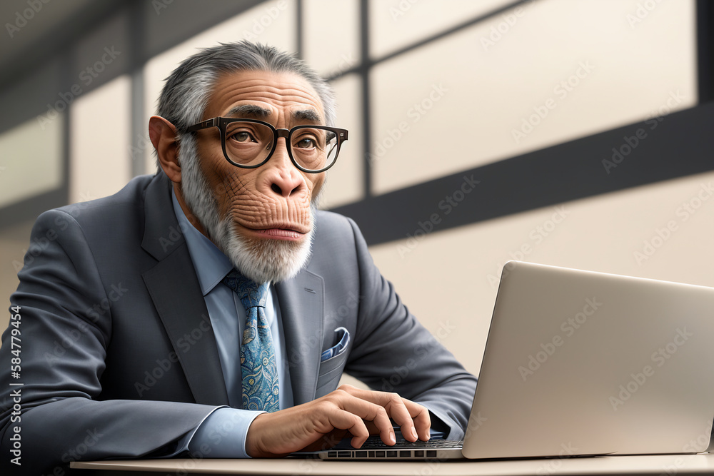 A antropomorhic chimpanzee ape in a suit and tie in role of a ...