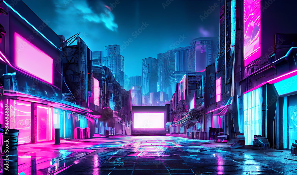 ภาพประกอบสต็อก Neon future Illustration sketch of the futuristic city in the style of cyberpunk ...