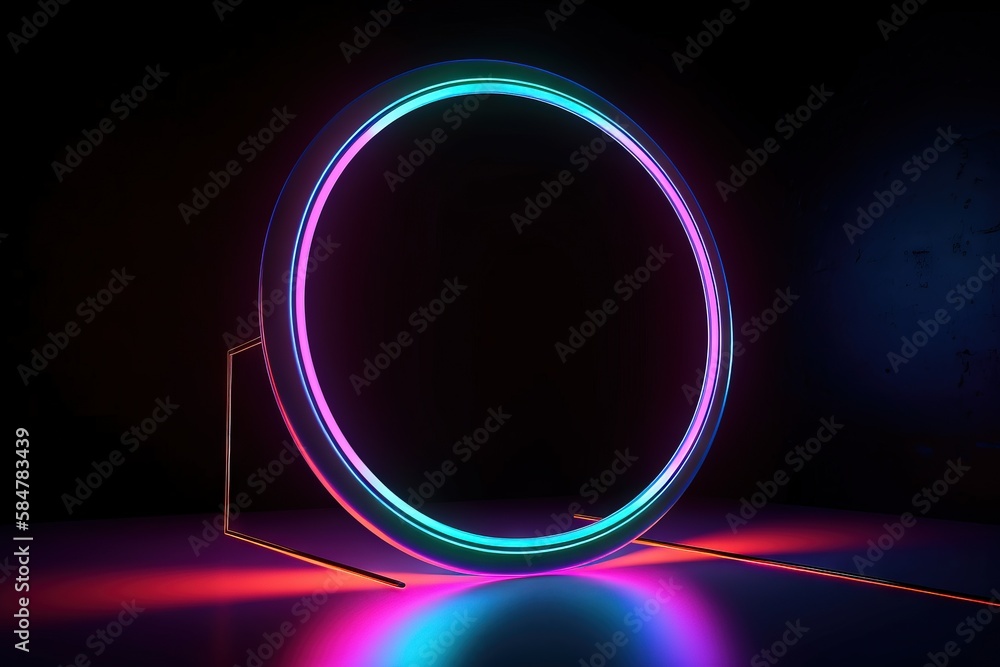 a circular object with neon lights on a black background with a black ...