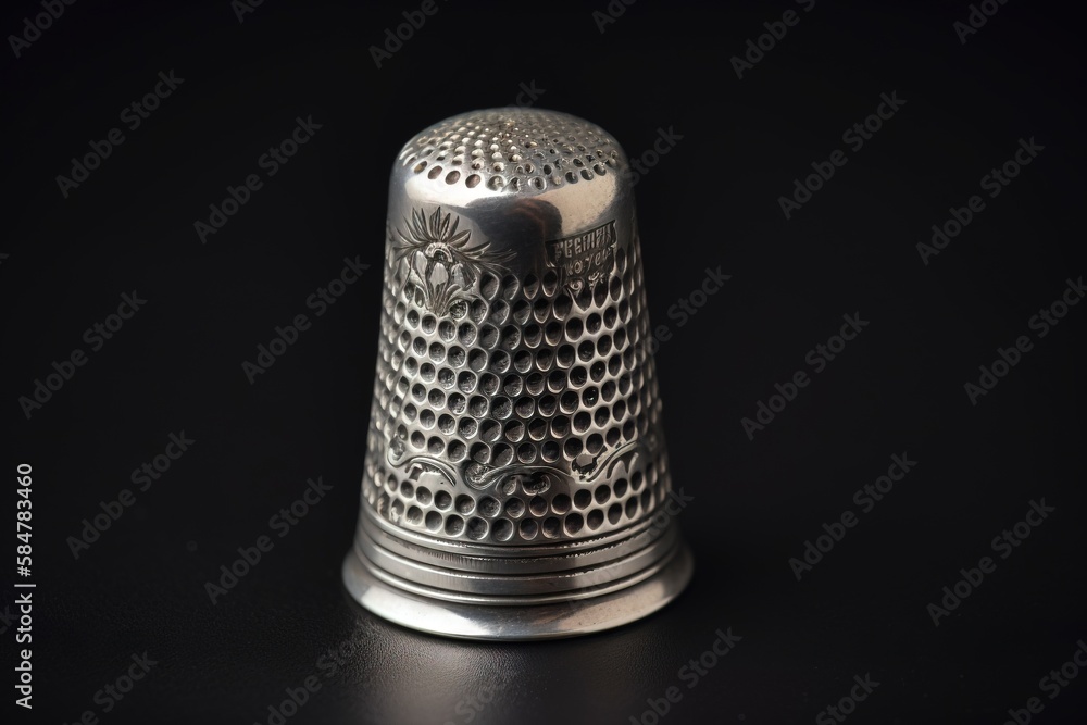 a silver thimble on a black background with a black background and a ...