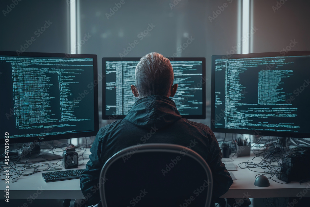 Back view of man coding, programming, developing software to protect ...