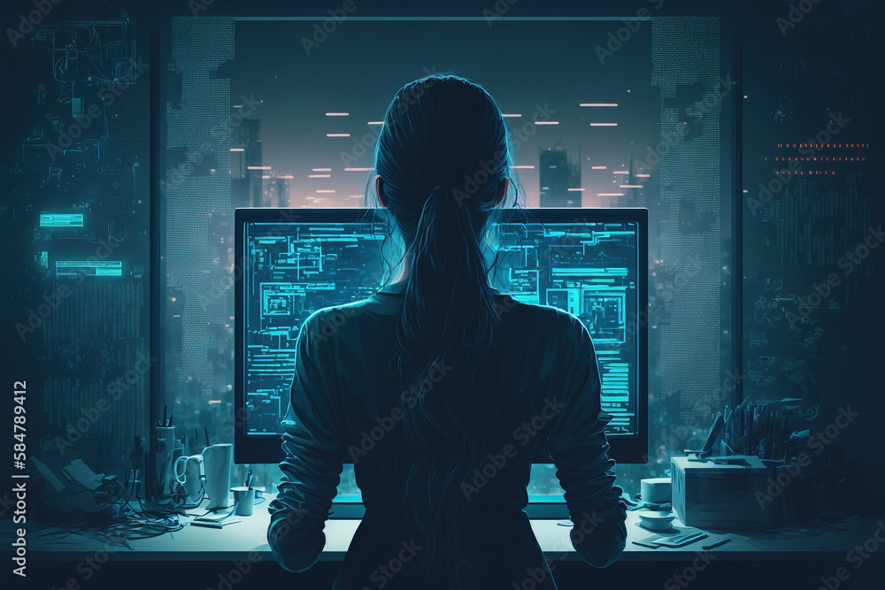 Futuristic back view illustration of girl programmer working at night ...
