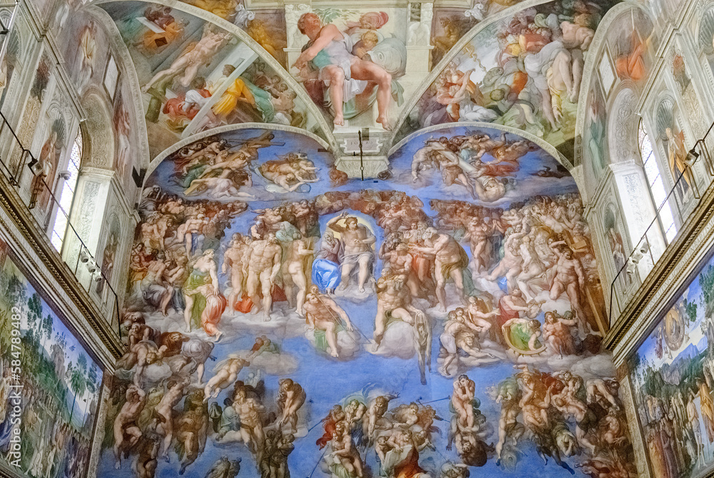 The Last Judgement by Michelangelo on the wall of the Sistine Chapel on ...