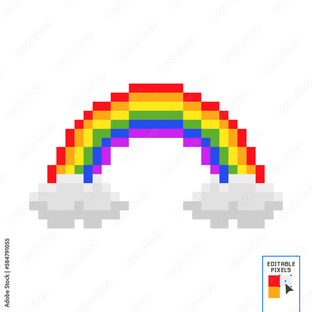 Beautiful pixel rainbow with clouds isolated on a dark blue background ...