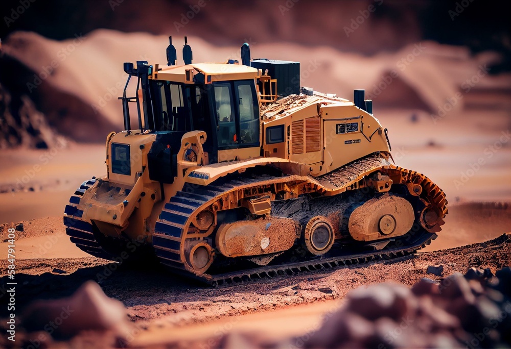 Crawler bulldozer working on construction site or quarry. Mining ...
