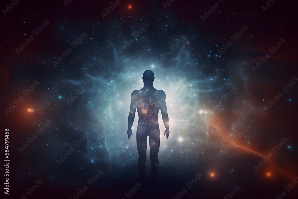 Astral body silhouette with abstract space background. Esoteric ...