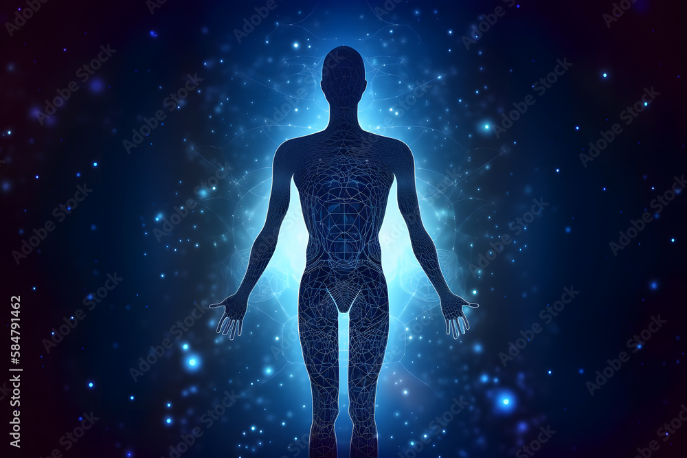 Astral body silhouette with abstract space background. Esoteric ...