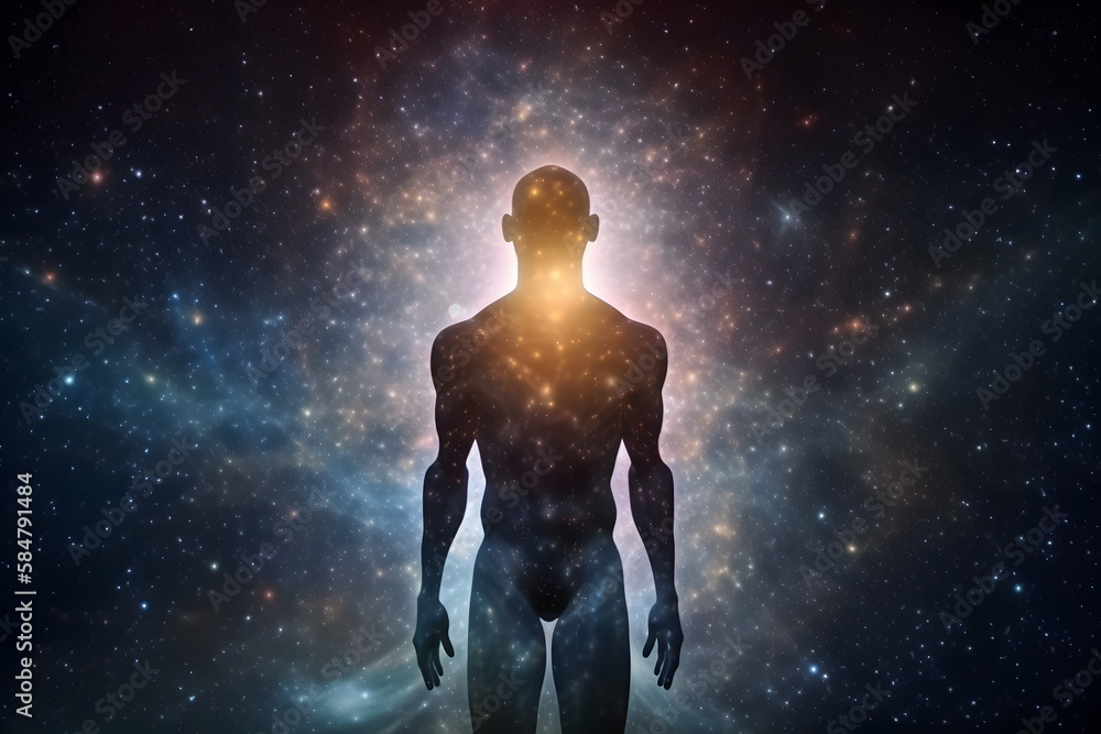 Astral body silhouette with abstract space background. Esoteric ...