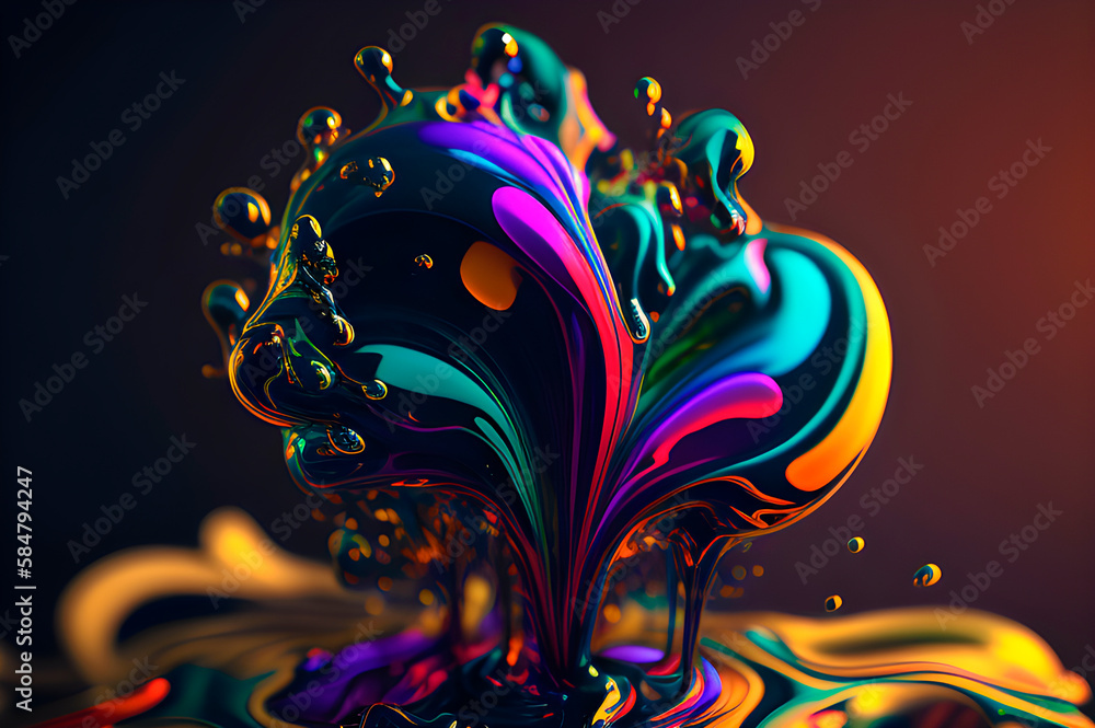 abstract volumetric form of flowing iridescent paints with golden ...