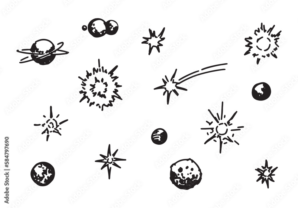 Vetor de Cosmic space doodles set. Outline drawings of planets, stars ...