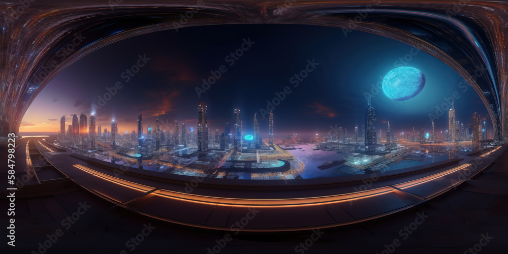 Futuristic city skyline in 80s retro style, equirectangular panorama ...