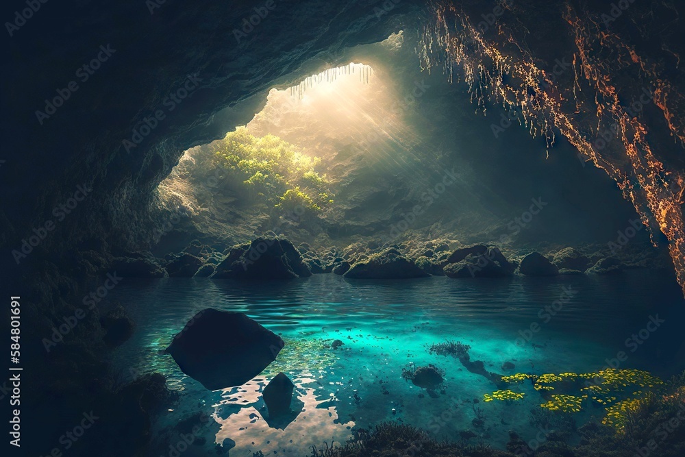 Beautiful underwater cave on ocean floor with sunlight breaking through ...