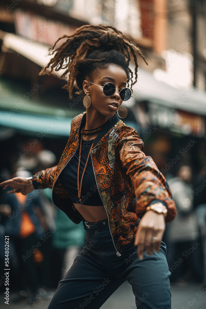 Cool black girl dancing in the street, 90s, 80s, retro hip hop style ...