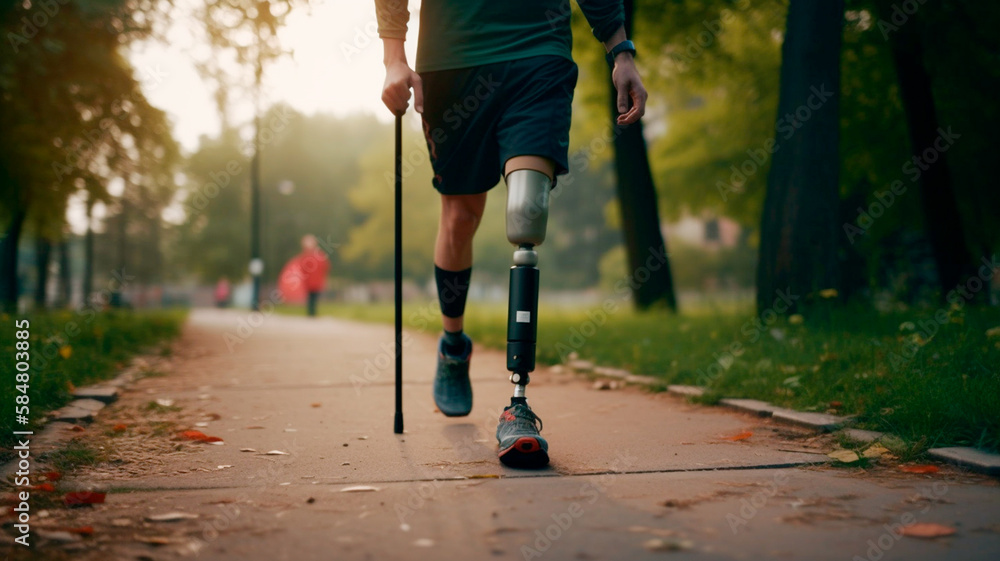 Unrecognizable disabled man with a prosthetic leg and a crutch ...