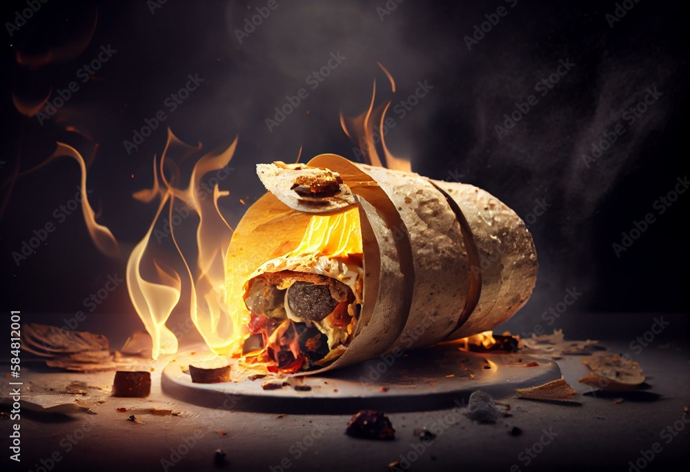 Big shawarma kebab fried on fire. Street food. Sandwich gyro fresh roll ...