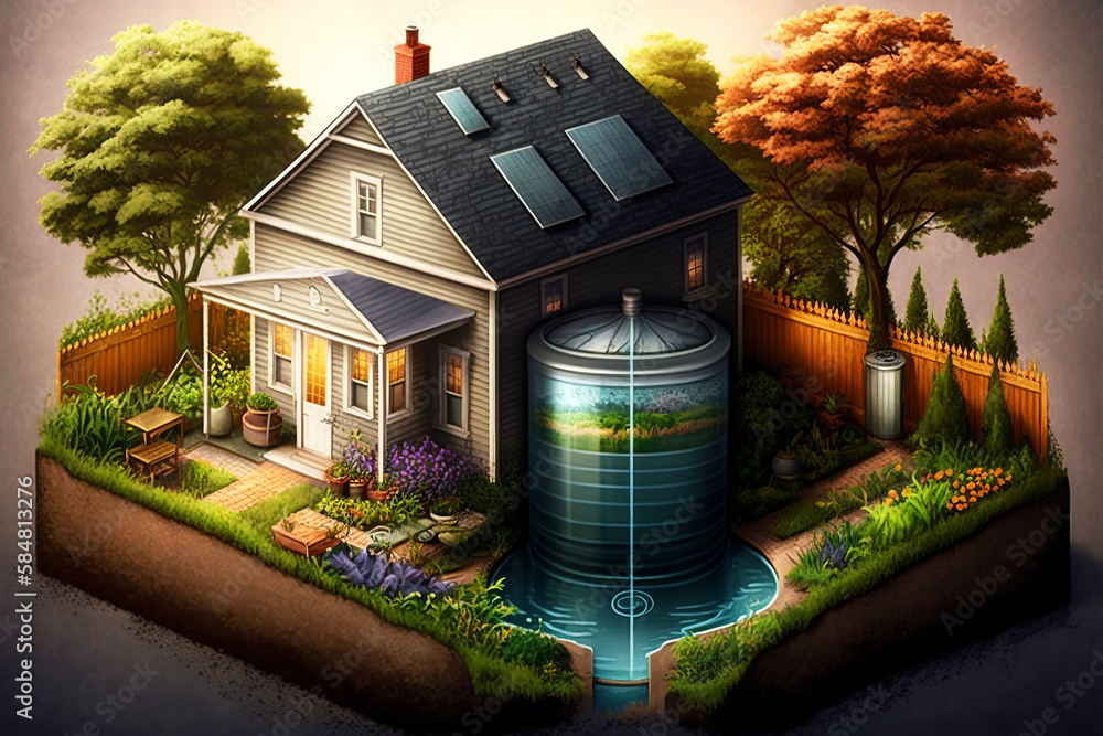 Rainwater harvesting system colored illustration. Generative AI. Stock ...