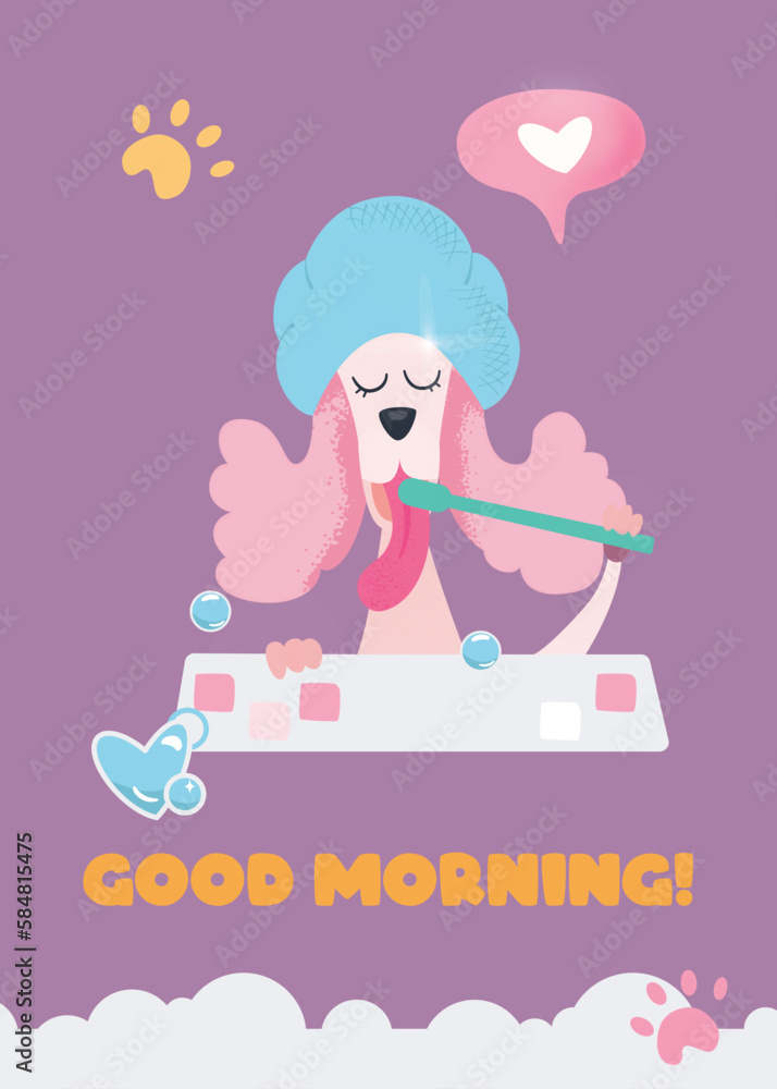 Good morning card with unny cute dog. Cartoon vector illustration ...