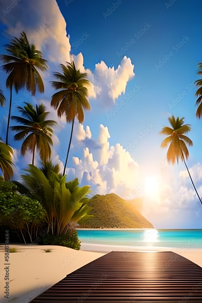 Summer panoramic landscape, nature of tropical beach with wooden ...