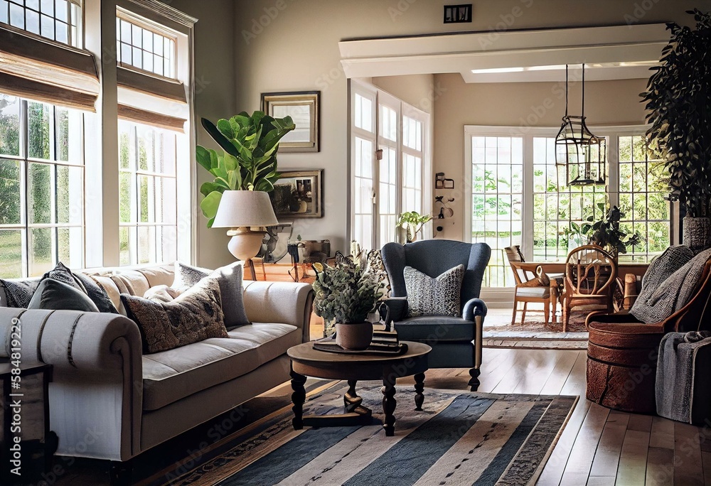 Beautiful large bright country American home interiors of living room ...