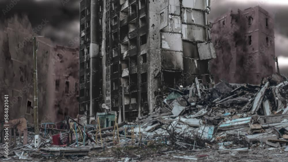 Destroyed houses. Earthquake. Destruction of high-rise buildings ...