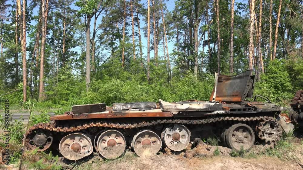 2022 - wrecked and destroyed Russian tanks are abandoned along a ...