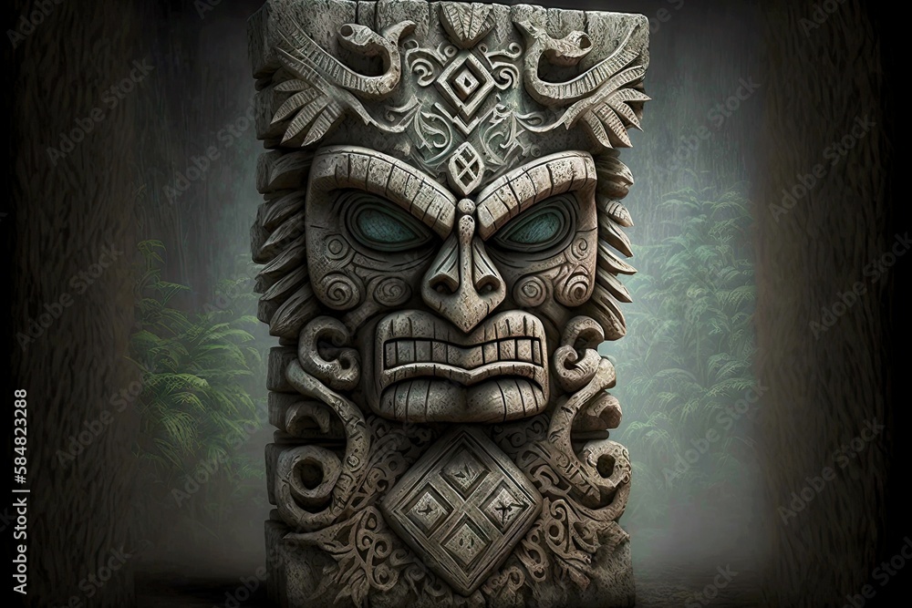 Stone angry face of Aztec god tiki mask, created with generative ai ...