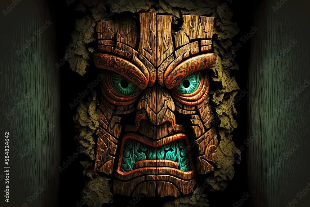 tiki mask gods of nature head of evil forest tree face on dark ...