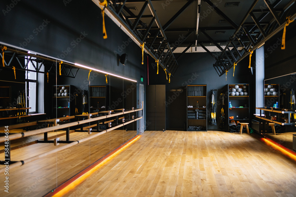 Gym hall. Sport equipment. Special tools. Interior. Mirror wall Stock ...